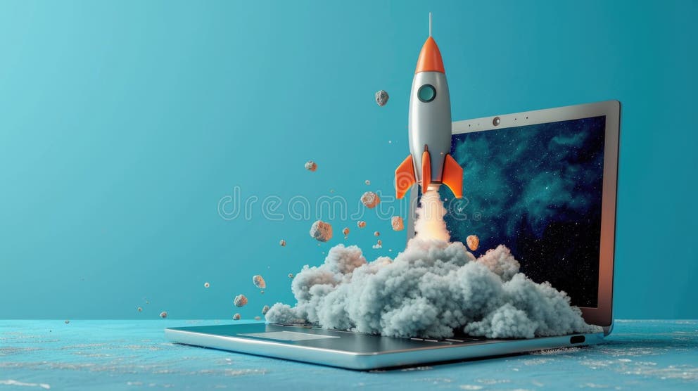 A Laptop Computer with a Rocket Coming Out of it. Perfect for ...