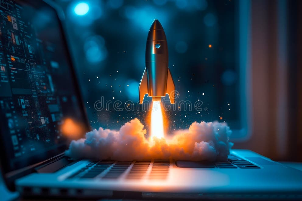 A Laptop Computer with a Rocket Coming Out of the Screen Stock ...
