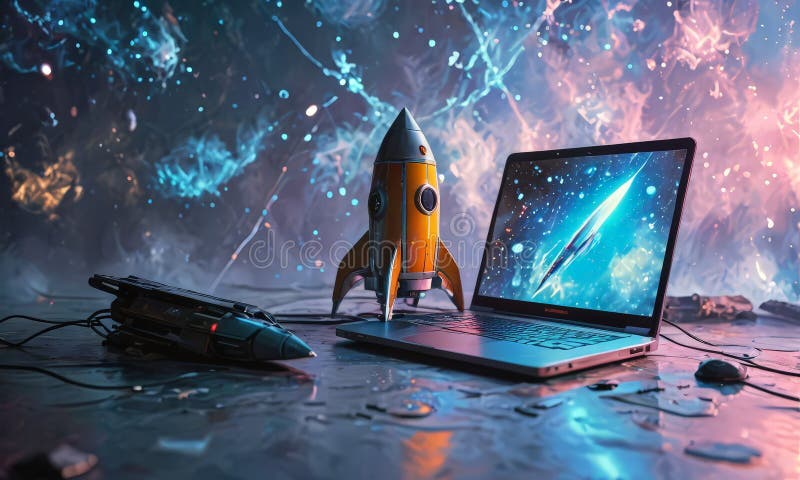 Laptop Computer and Rocket on Desk Stock Illustration - Illustration of ...