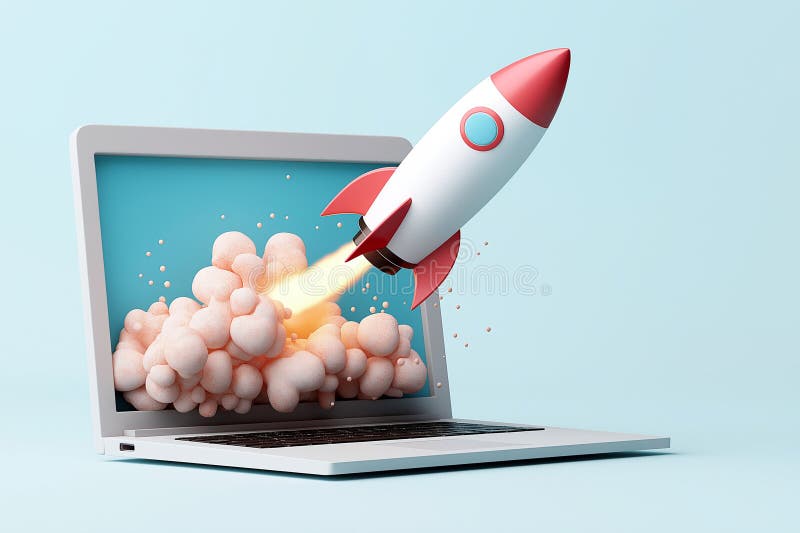 Laptop Computer with Rocket Flying Out Surrounded by Clouds Symbolizes ...