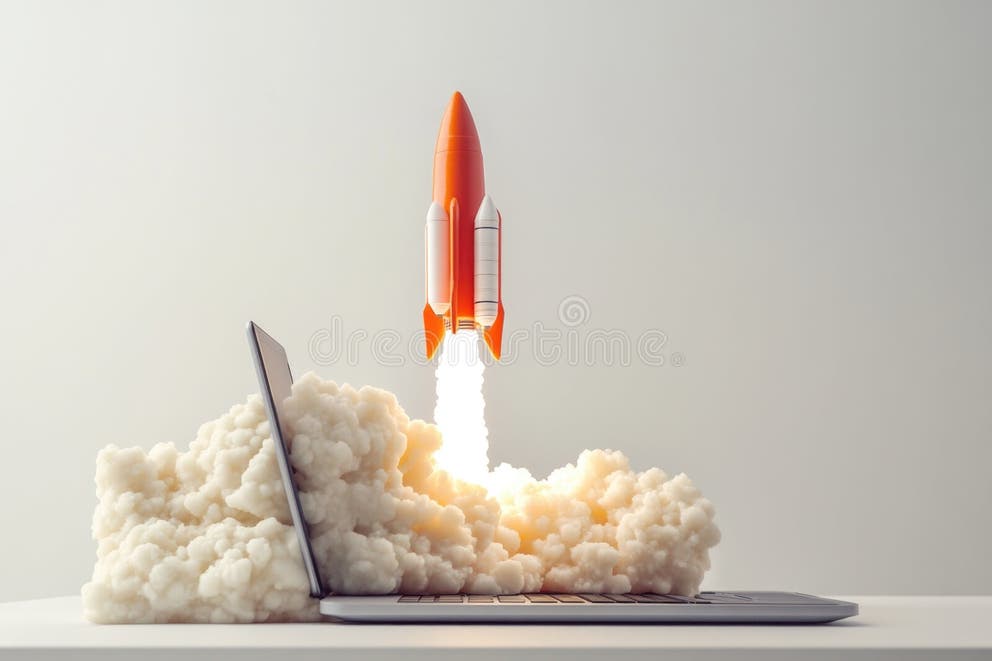 A Laptop Computer with a Rocket Launching from it, Ideal for Futuristic ...