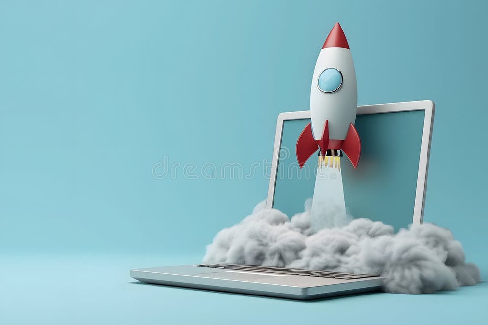 Laptop Computer with Rocket Launching from Screen Stock Illustration ...