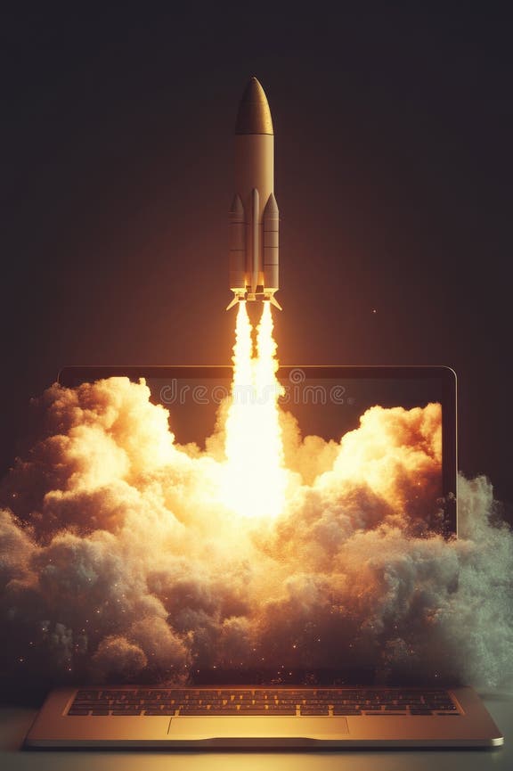 A Laptop Computer with a Rocket Taking Off, Perfect for Technology and ...