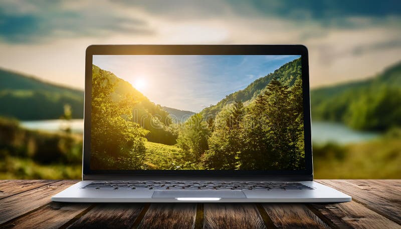 Laptop Computer Screen with Abstract Blurred Nature Background ...