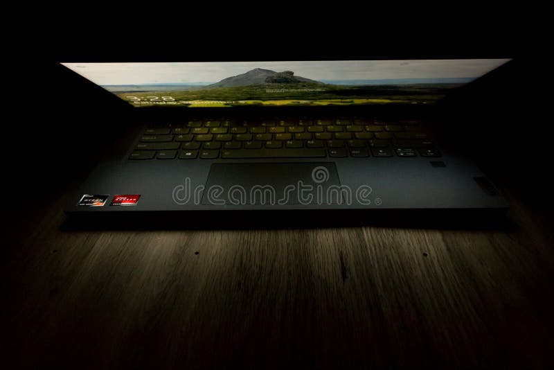 Laptop Computer Screen Lighting Up a Dark Desk Editorial Stock Image ...