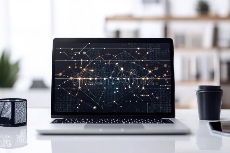 Laptop Computer Screen Shows Complex Network Lines Dots Stock Photos ...