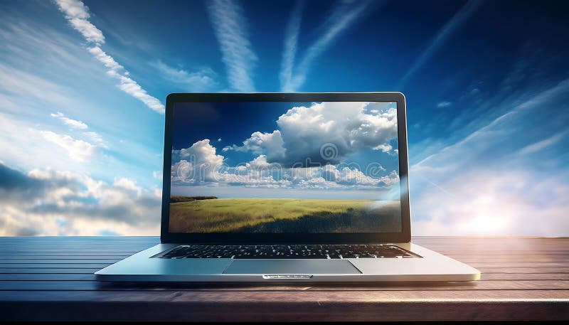 Laptop Computer Screen on Table with Blue Sky and Clouds Stock ...