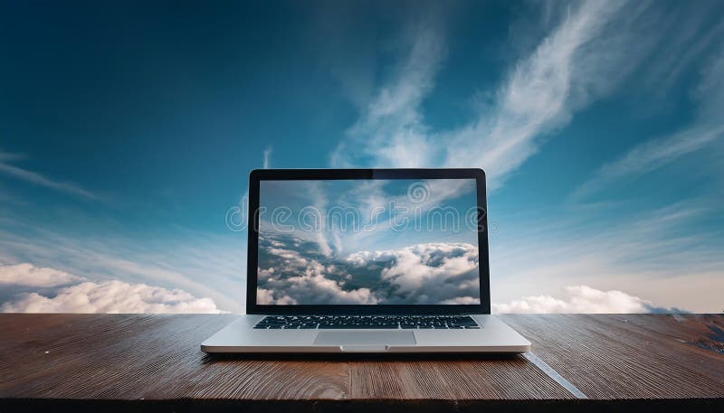 Laptop Computer Screen on Table with Blue Sky and Clouds Stock ...
