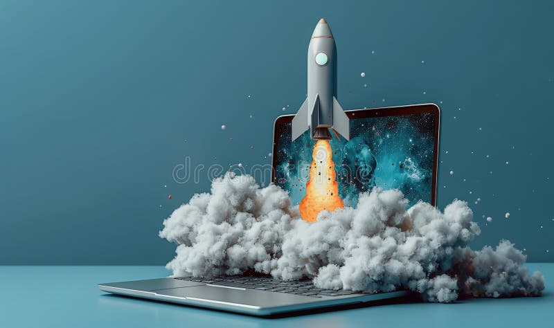 A Laptop Computer is Shown with a Rocket Launching from it Stock Photo ...