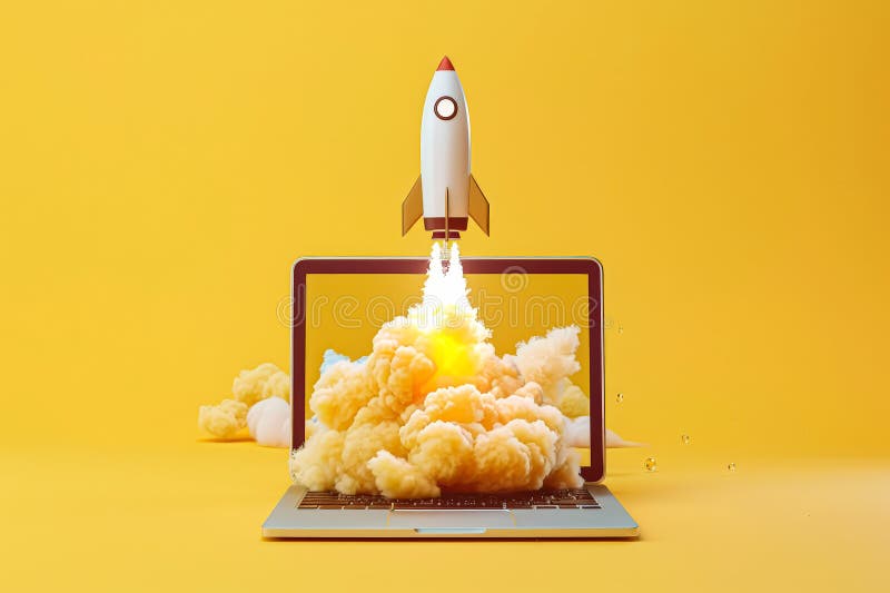 Laptop Computer is Shown with a Rocket Launching from it. Stock Image ...
