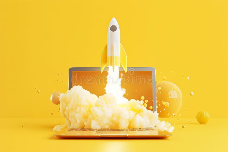 Laptop Computer is Shown with a Rocket Launching from it. Stock Photo ...