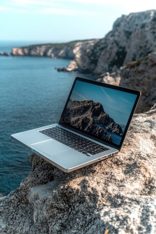 A Laptop Computer Sits Atop a Rock, Ready for Use Stock Photo - Image ...