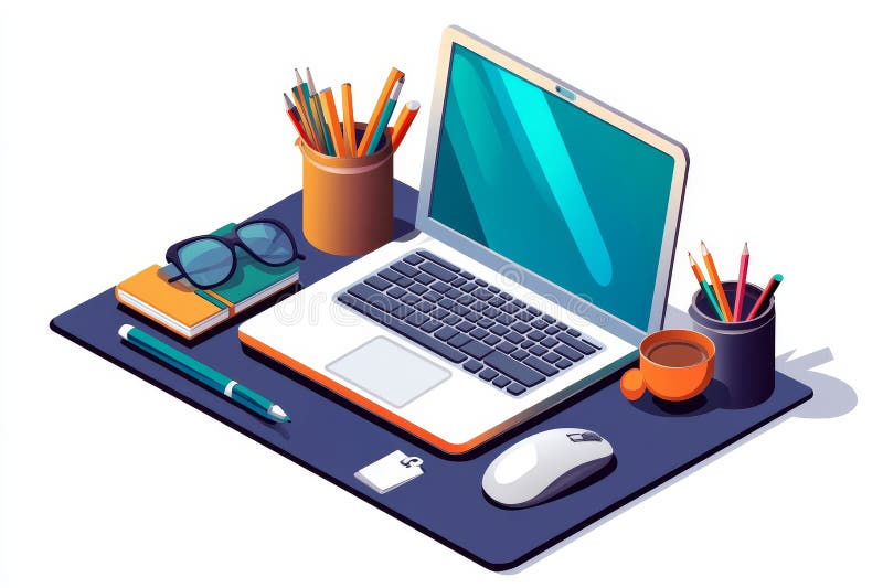 A Laptop Computer Sits on a Desk with a Cup of Coffee Pencils and ...