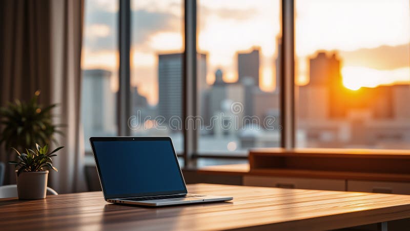 A Laptop Computer Sits on a Desk in an Office. Orange Sunlight Shines ...