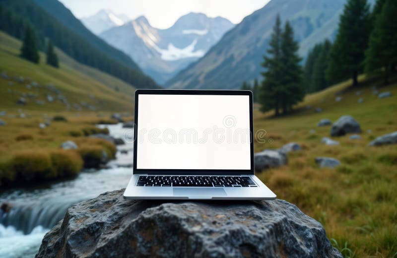 Laptop Computer Sits on Rock in Mountains. Blank Screen Shows Potential ...