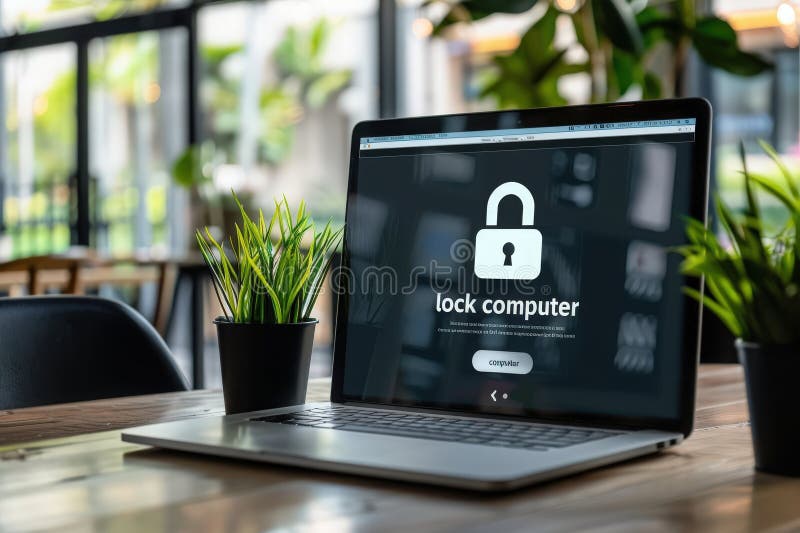 Laptop Locked with a Padlock Icon on a Wooden Table Stock Illustration ...