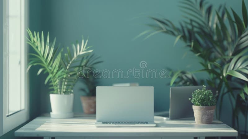 A Laptop Computer Sitting on a Desk Next To Two Potted Plants, AI Stock ...