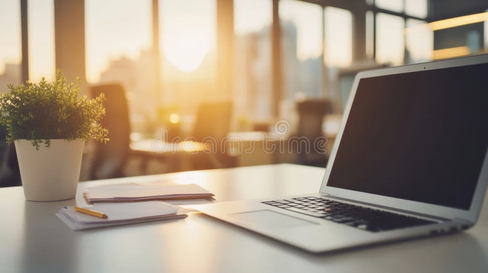 A Laptop Computer Sitting on a Desk with Notepad and Plant, AI Stock ...
