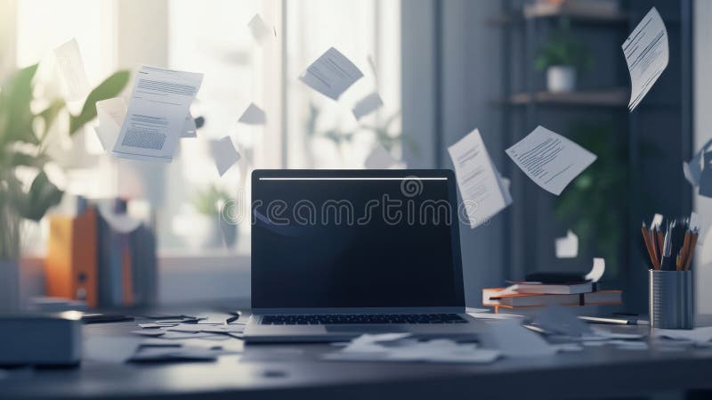A Laptop Computer Sitting on a Desk with Papers Flying Around it, AI ...