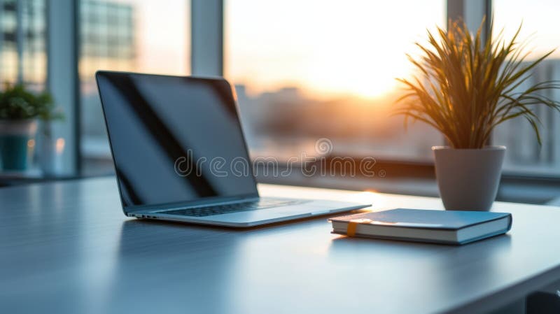 A Laptop Computer Sitting on a Desk with Plant and Book, AI Stock Photo ...
