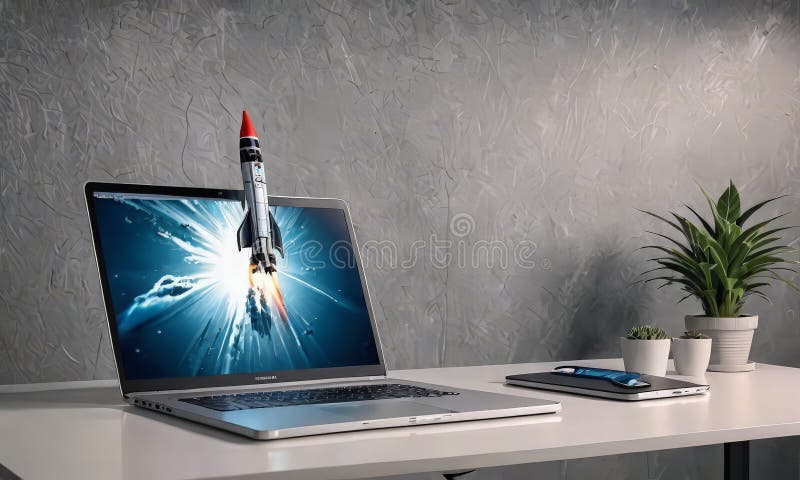 Laptop Computer Sitting on Desk with Rocket it Stock Illustration ...
