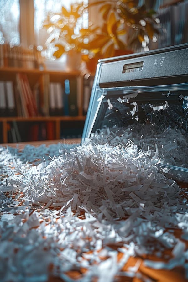 A Laptop Computer Sitting on a Table Littered with Shredded Paper ...