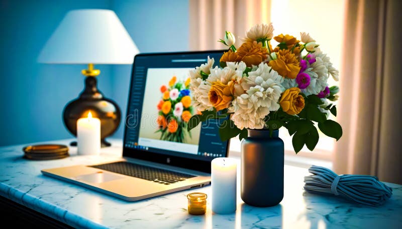 Laptop Computer Sitting on Top of Desk. Generative AI Stock Photo ... Laptop Computer Sitting on Top of Desk. Generative AI Stock Photo ...