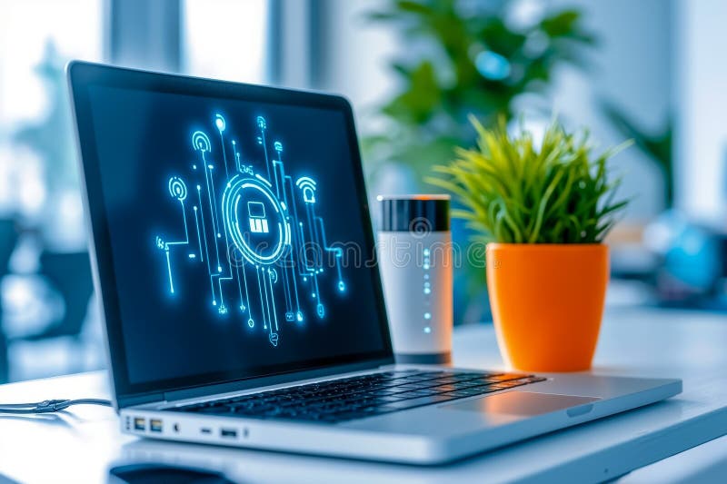 A Laptop Computer Sitting on Top of a Desk Next To a Plant Stock ...
