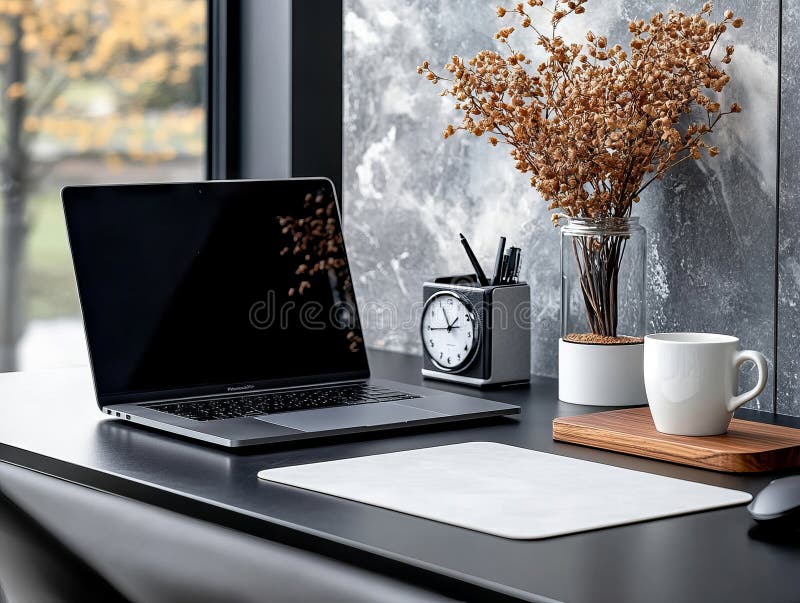 Laptop Computer Sitting Top Desk Next Vase Flowers Stock Photos - Free ...