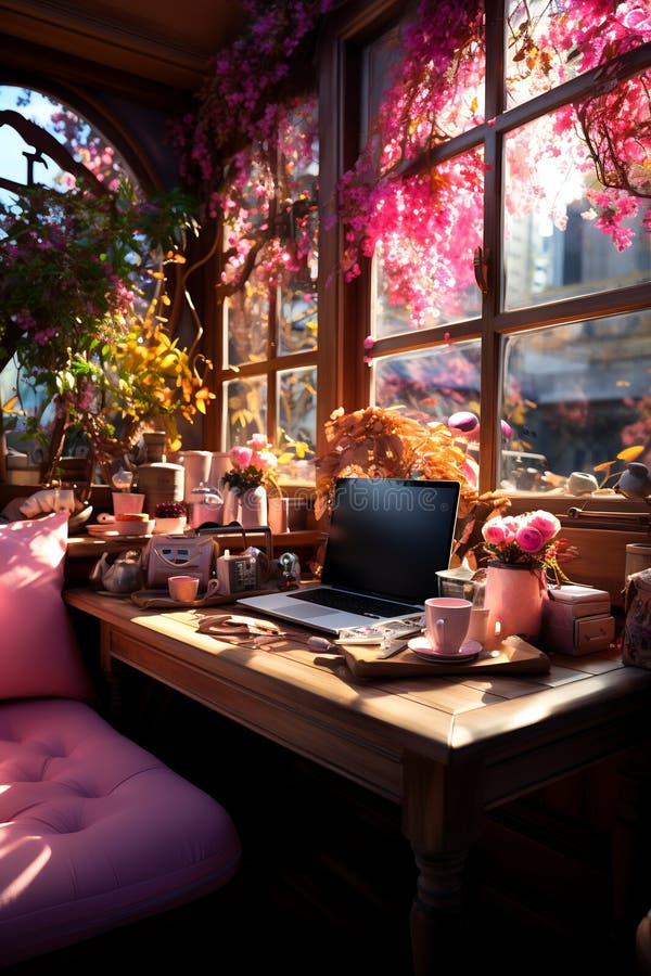 Laptop Computer Sitting on Top of Desk Next To Window. Generative AI ...