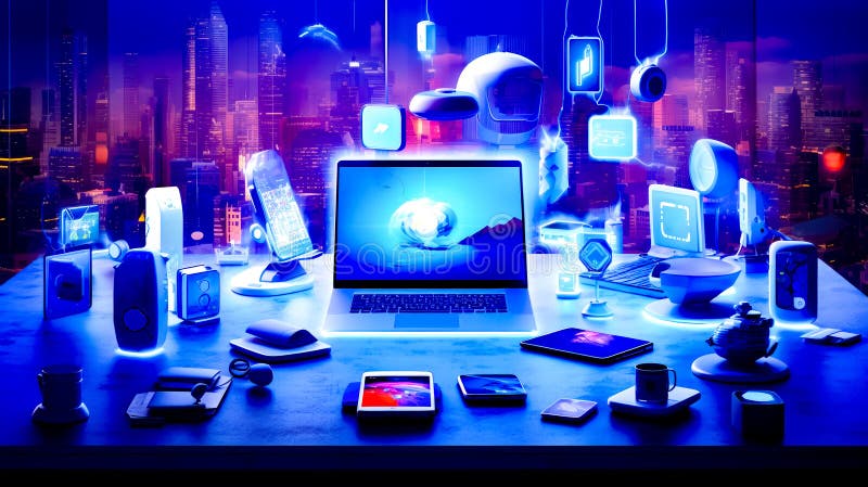 Laptop Computer Sitting on Top of Desk Surrounded by Various Electronic ...