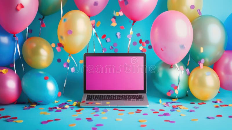 A Laptop Computer Sitting on Top of a Table Surrounded by Balloons ...