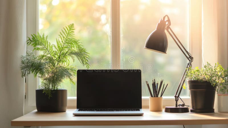 A Laptop Computer Sitting on Top of a Wooden Desk Stock Illustration ...