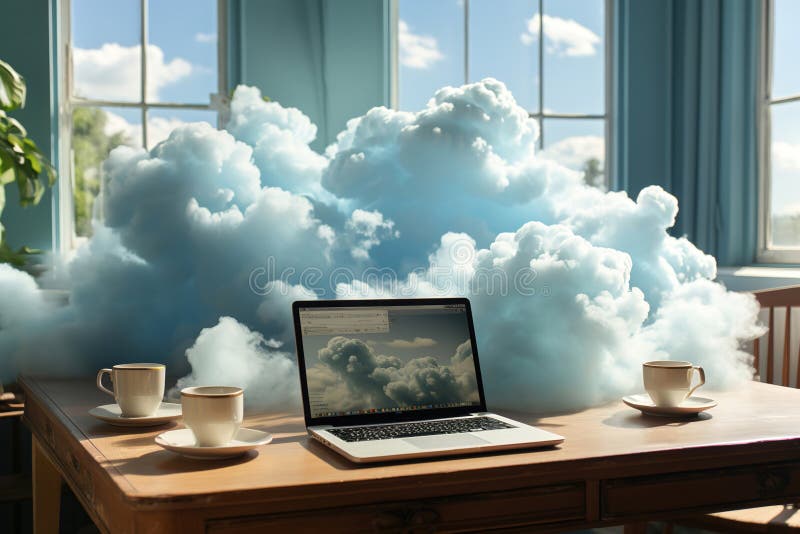 A Laptop Computer Sitting on Top of a Wooden Desk. Clouds on the Screen ...
