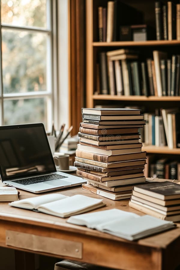 A Laptop Computer Sitting on Top of a Wooden Desk Next To a Stack of ...