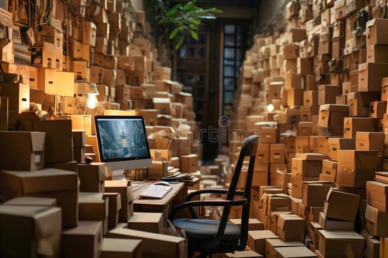 A Laptop Computer Sitting on Top of a Wooden Table. Pile of Courier ...