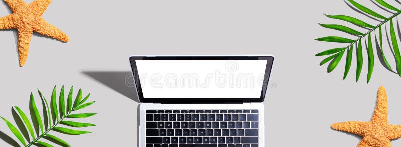 Laptop Computer with Summer Palm Plants and Starfish Stock Image ...