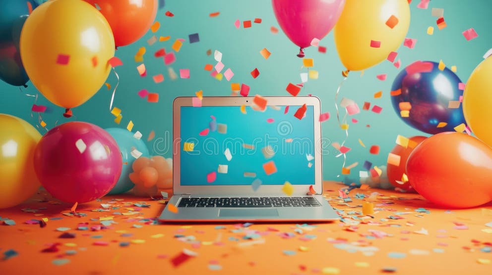 A Laptop Computer Surrounded by Balloons and Confetti Stock ...