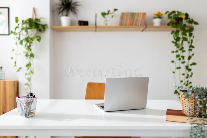 Laptop Computer on Table in Room of Home Office Workspace Stock Photo ...