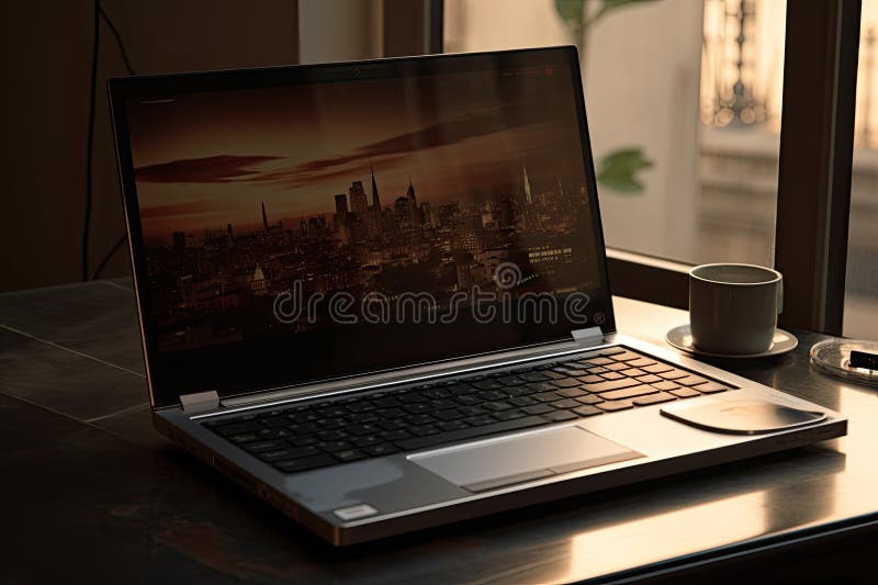 Laptop computer on a table stock illustration. Illustration of ...