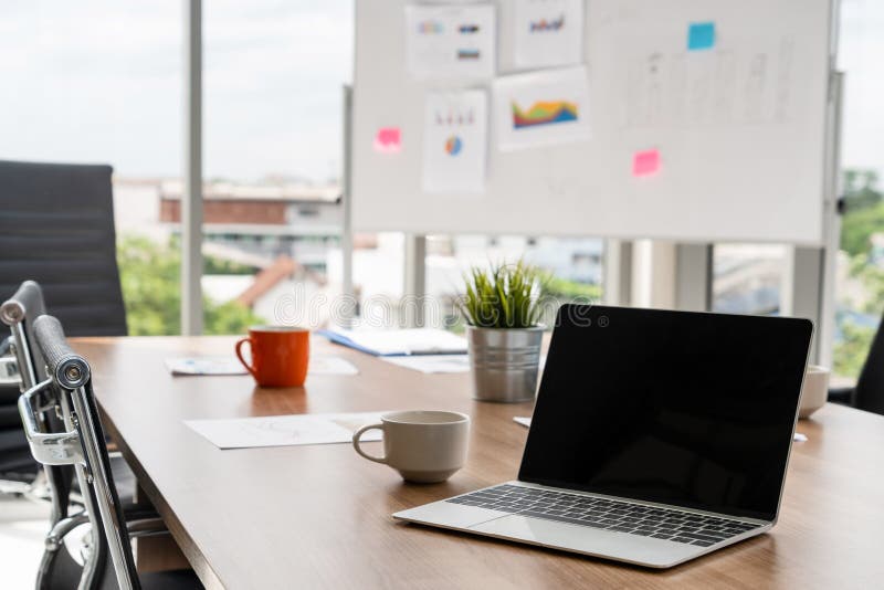 Laptop Computer on the Table in Meeting Room. Stock Image - Image of ...