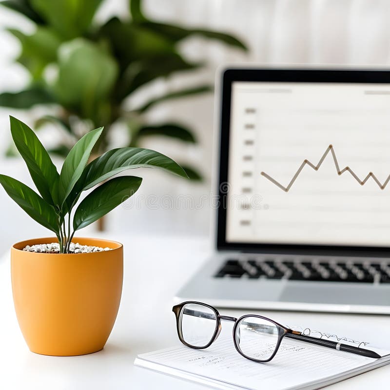 A Laptop Computer is on a Table Next To a Plant and a Notebook Stock ...