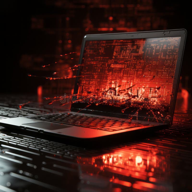 A Laptop Computer is on a Table with Red Lights Stock Image - Image of ...