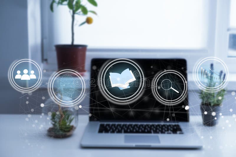 Laptop Computer and Tablet in Modern Office with Virtual Icon Diagram ...