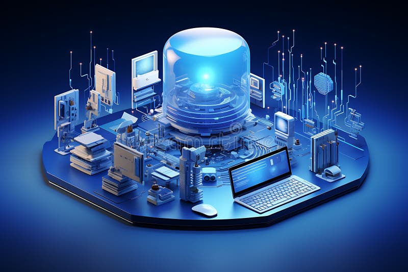 Laptop Computer and Technology Equipment on Blue Background, 3d ...
