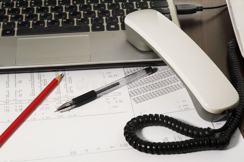 Laptop Computer, Telephone Receiver, Pen, Pencil Stock Image - Image of ...
