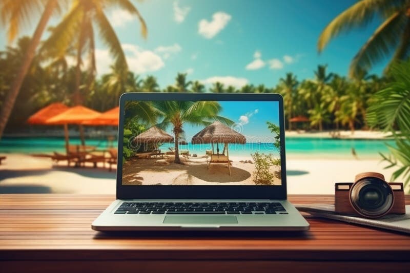Laptop Computer on Tropical Beach with Palm Trees. Stock Illustration ...