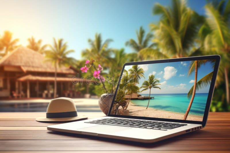 Laptop Computer on Tropical Beach with Palm Trees. Stock Illustration ...
