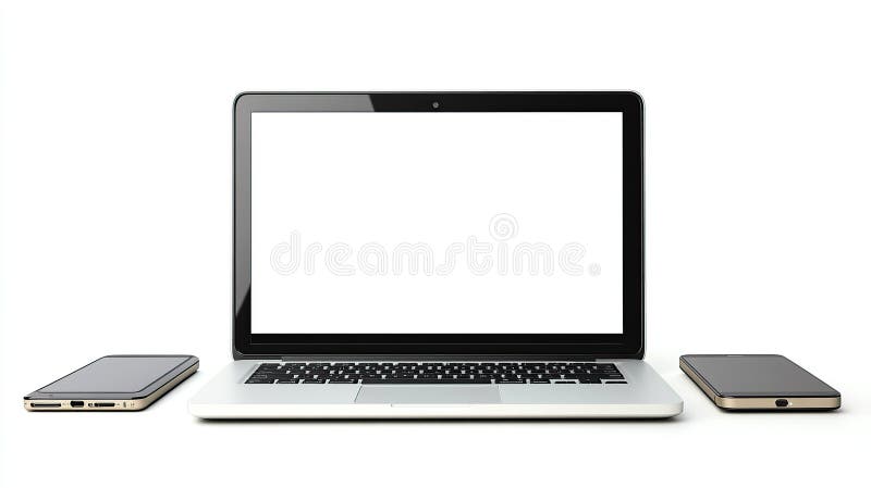 Laptop Computer with Two Smartphones on White Background, Blank Screen ...
