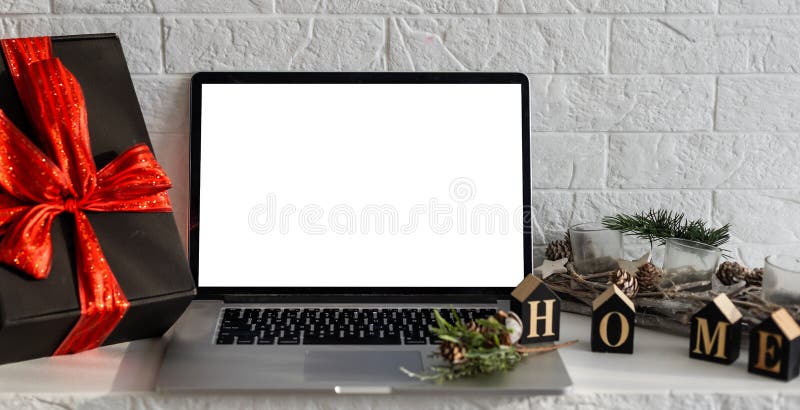 Laptop Computer with White Blank Empty Mock Up Screen on Merry ...